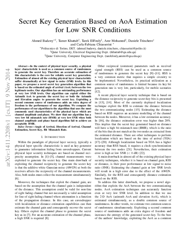 (PDF) Secret Key Generation Based on AoA Estimation for Low SNR Conditions