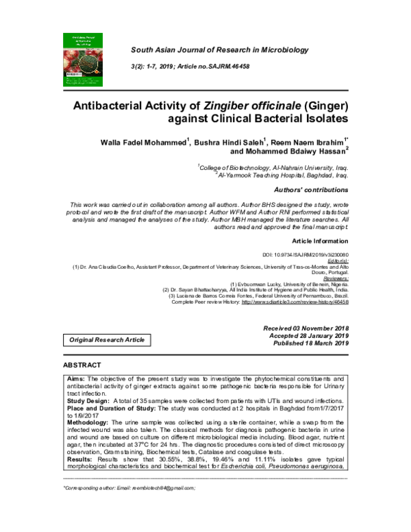 Pdf Antibacterial Activity Of Zingiber Officinale Rhizome Extract