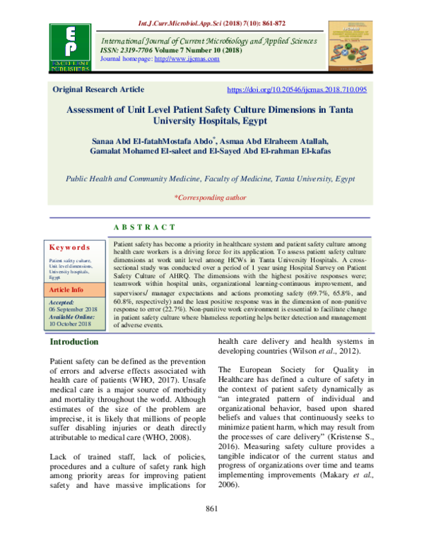 (PDF) Assessment of Unit Level Patient Safety Culture Dimensions in ...
