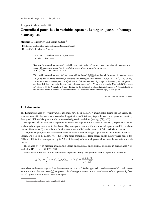 Pdf Generalized Potentials In Variable Exponent Lebesgue Spaces On Homogeneous Spaces