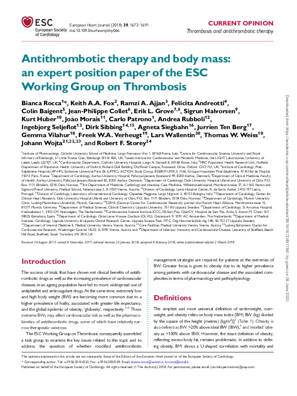 (PDF) Antithrombotic therapy and body mass: an expert position paper of ...