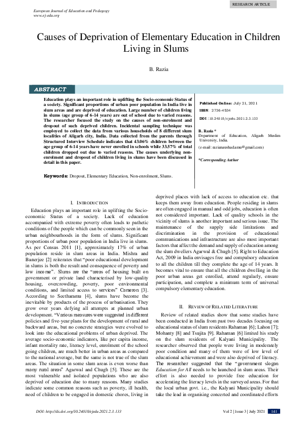 (PDF) Causes of Deprivation of Elementary Education in Children Living ...