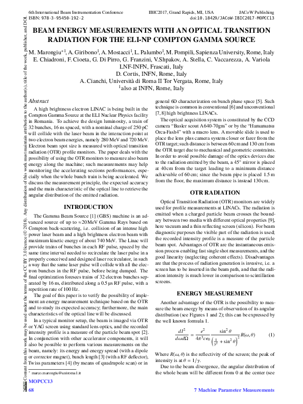 Pdf Beam Energy Measurements With A Optical Transition Radiation For The Eli Np Compton Gamma