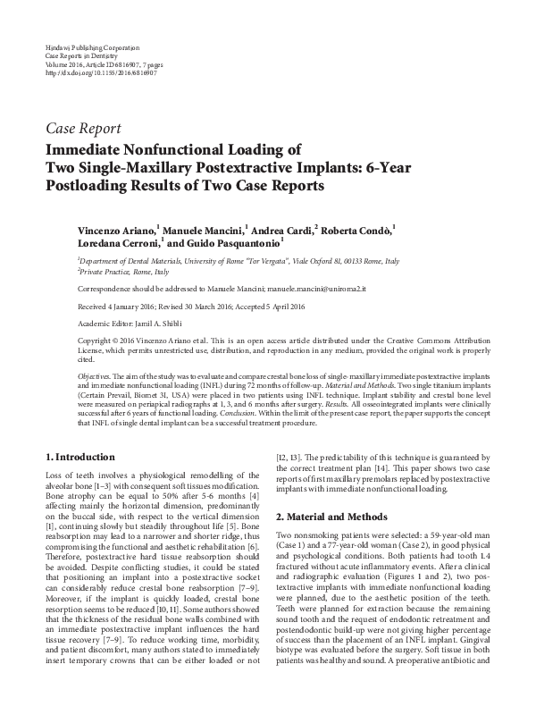 (PDF) Immediate Nonfunctional Loading of Two Single-Maxillary ...