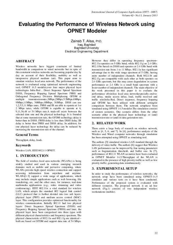 (PDF) Evaluating the Performance of Wireless Network using OPNET Modeler