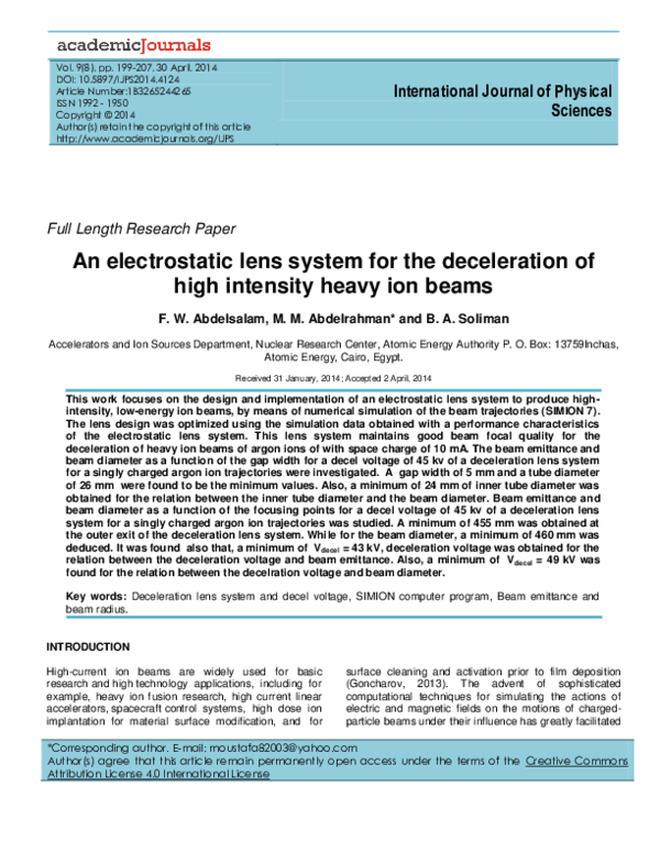 (PDF) An electrostatic lens system for the deceleration of high ...