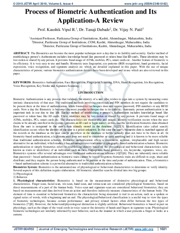 (PDF) Process of Biometric Authentication and Its Application-A Review