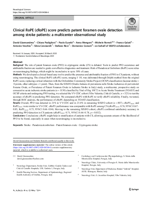 (PDF) Clinical RoPE (cRoPE) score predicts patent foramen ovale ...