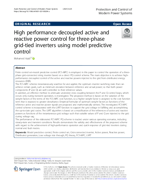 Pdf High Performance Decoupled Active And Reactive Power Control For Three Phase Grid Tied
