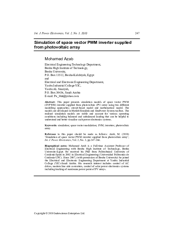 Pdf Simulation Of Space Vector Pwm Inverter Supplied From