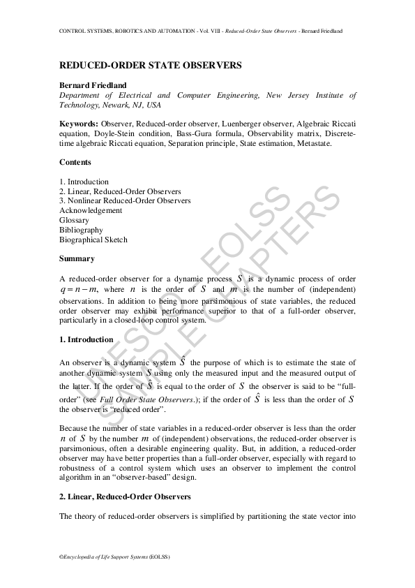 Pdf Reduced Order State Observers