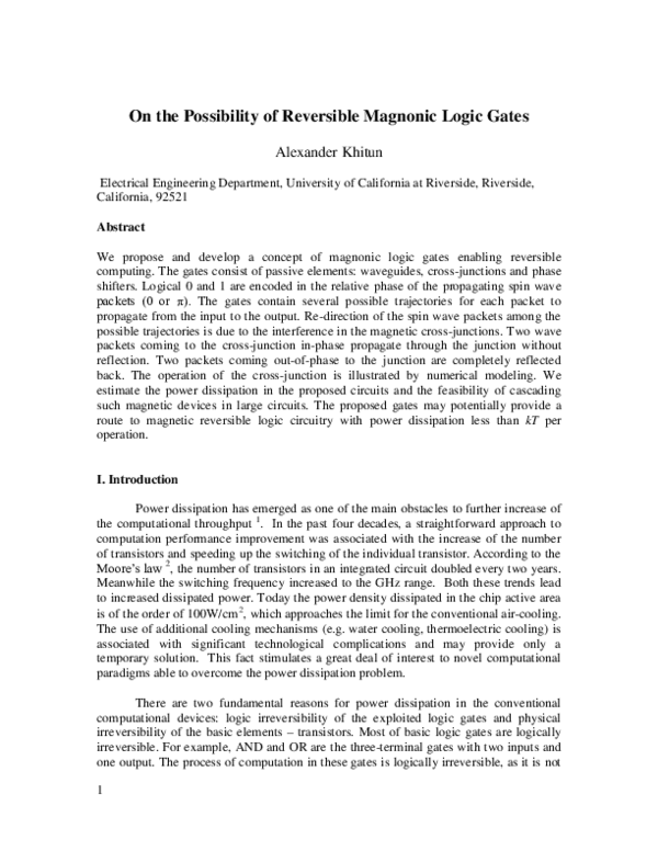 (PDF) On the Possibility of Reversible Magnonic Logic Gates