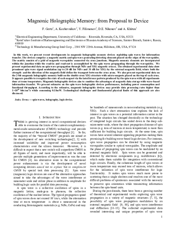 (PDF) Magnonic Holographic Memory: from Proposal to Device