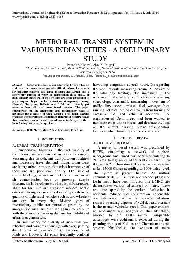 (PDF) Metro Rail Transit System in Various Indian Cities-A Preliminary ...