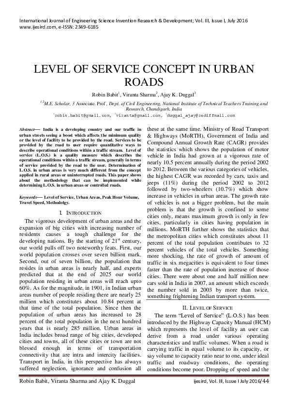 (PDF) Level of Service Concept in Urban Roads