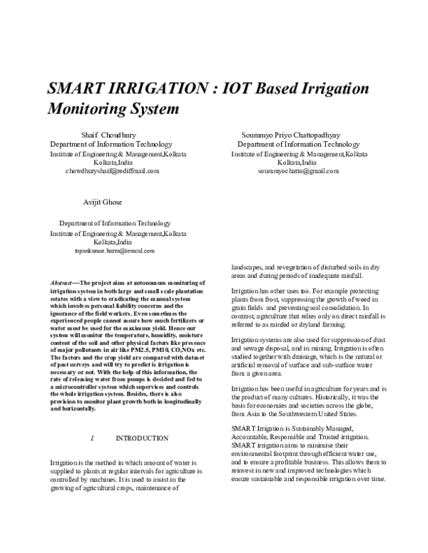Pdf Smart Irrigation Iot Based Irrigation Monitoring System