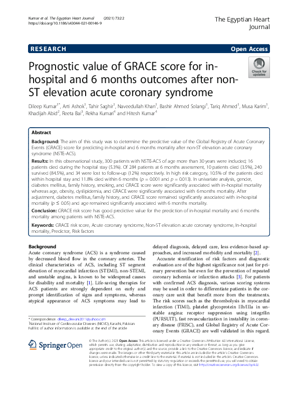 (PDF) Prognostic value of GRACE score for in-hospital and 6 months ...