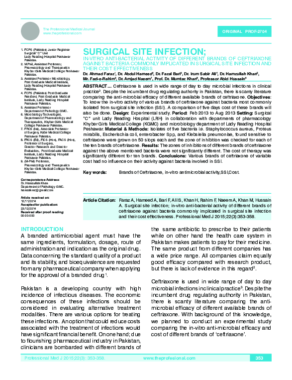 (PDF) Efficacy of Ceftriaxone Brands in SSIs