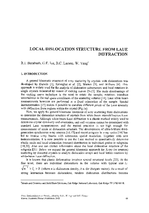 (PDF) Local Dislocation Structure from Laue Diffraction | Rozaliya I Barabash - Academia.edu