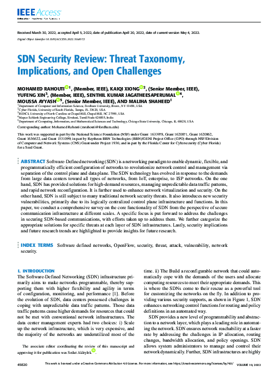 (PDF) SDN Security Review: Threat Taxonomy, Implications, and Open ...