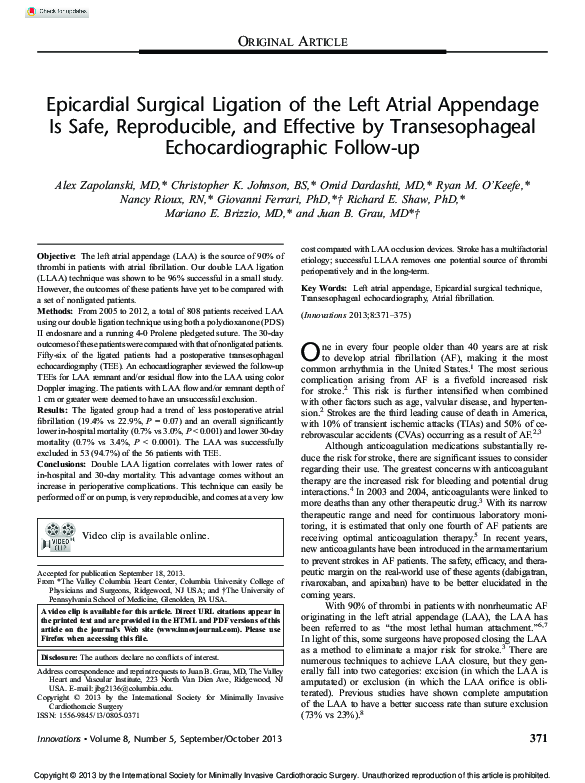 (PDF) Epicardial Surgical Ligation of the Left Atrial Appendage is Safe ...