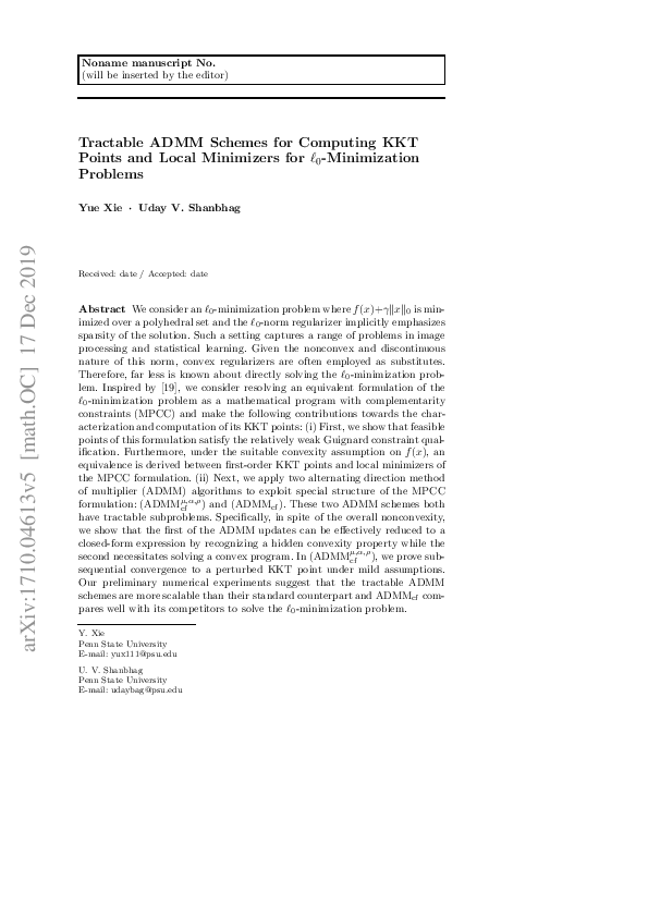 (PDF) Tractable ADMM schemes for computing KKT points and local minimizers for $$\ell _0 ...