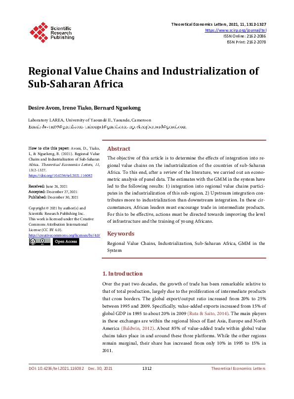(PDF) Regional Value Chains and Industrialization of Sub-Saharan Africa