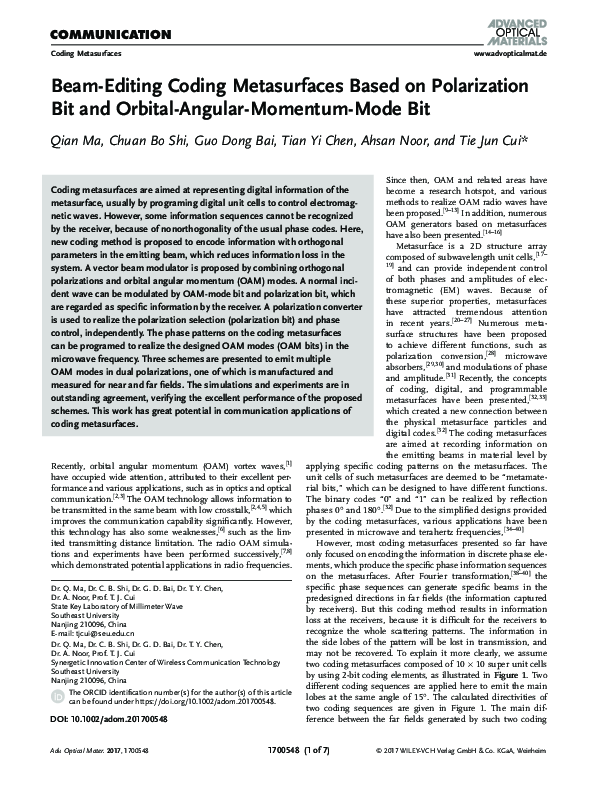 Pdf Beam Editing Coding Metasurfaces Based On Polarization Bit And