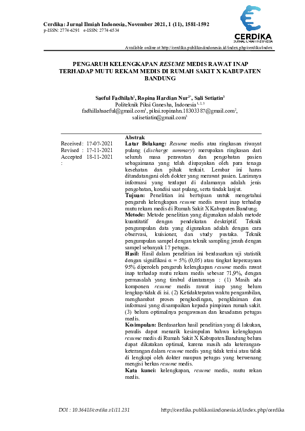 (DOC) Pengaruh Kelengkapan Resume Medis Rawat Inap Terhadap Mutu Rekam ...