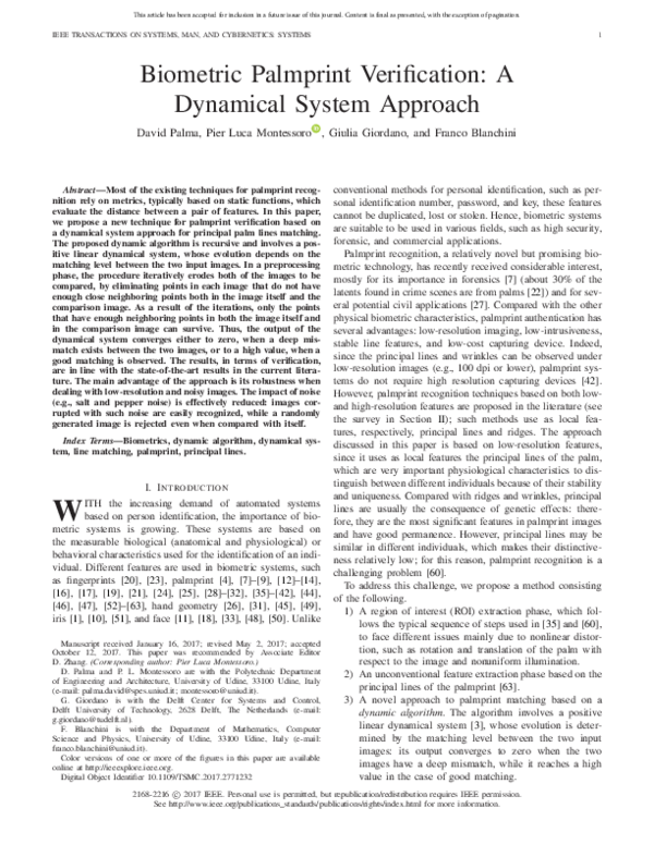 Pdf Biometric Palmprint Verification A Dynamical System Approach