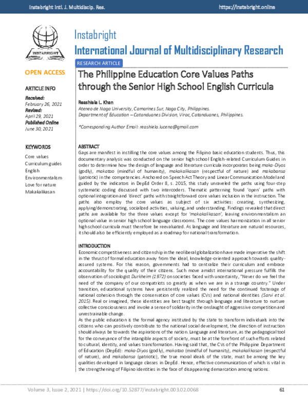 (PDF) The Philippine Education Core Values Paths through the Senior ...