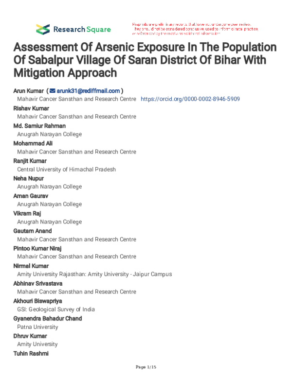 (PDF) Assessment Of Arsenic Exposure In The Population Of Sabalpur Village Of Saran District Of ...