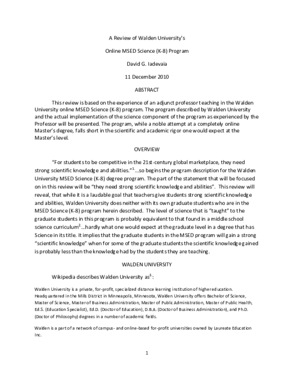(PDF) A Review of Walden University's Online MSED Science (K-8) Program ...