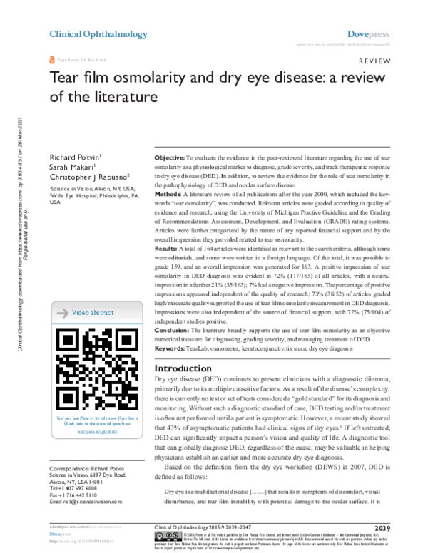 (PDF) Tear film osmolarity and dry eye disease: a review of the ...