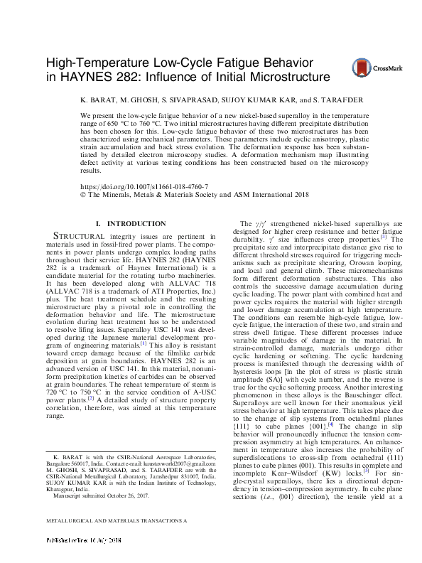 (PDF) High-Temperature Low-Cycle Fatigue Behavior in HAYNES 282: Influence of Initial Microstructure