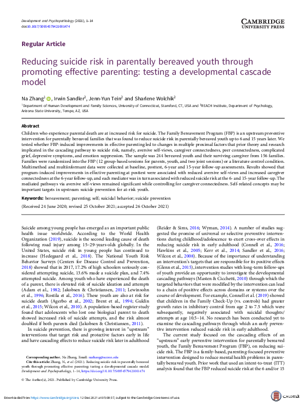 (PDF) Reducing suicide risk in parentally bereaved youth through ...