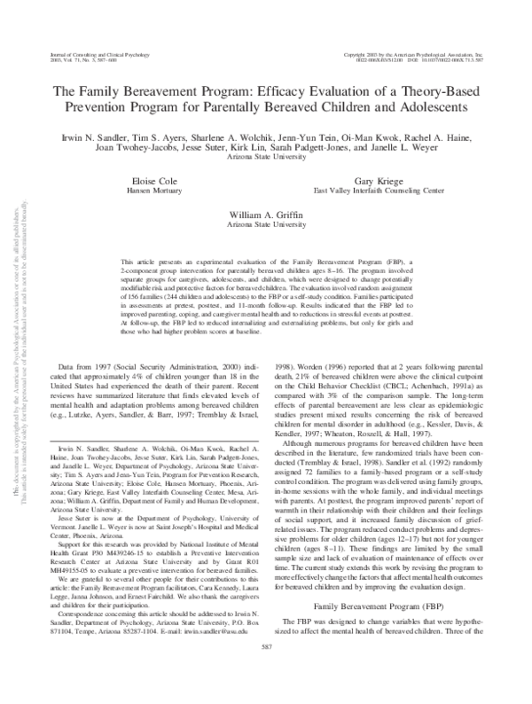 (PDF) The Family Bereavement Program: Efficacy evaluation of a theory ...