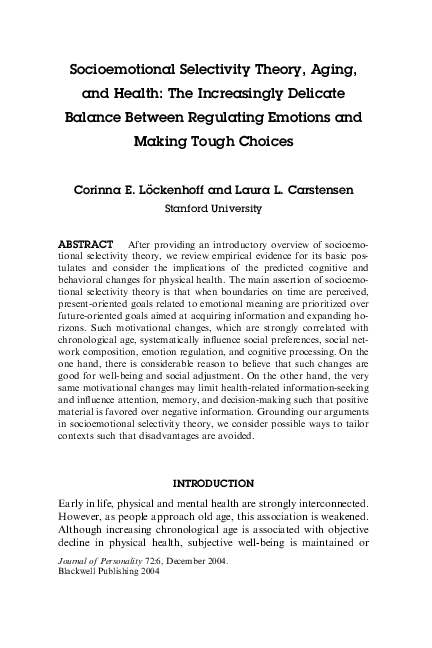 (PDF) Socioemotional Selectivity Theory, Aging, and Health: The ...