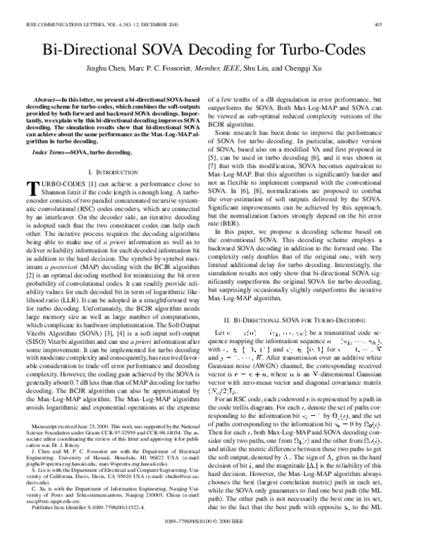 Pdf Bi Directional Sova Decoding For Turbo Codes