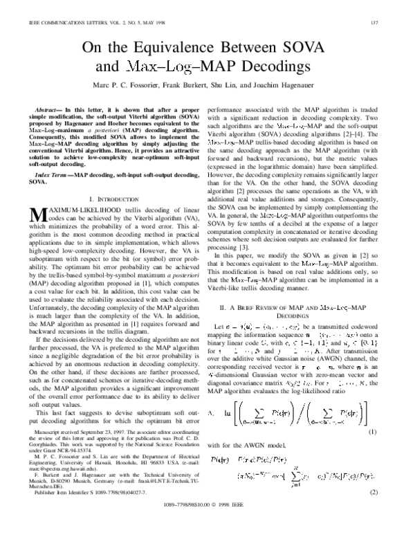 Pdf On The Equivalence Between Sova And Max Log Map Decodings 
