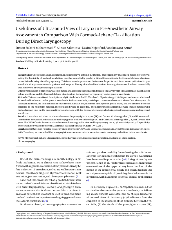 (PDF) Usefulness of Ultrasound View of Larynx in Pre-Anesthetic Airway ...
