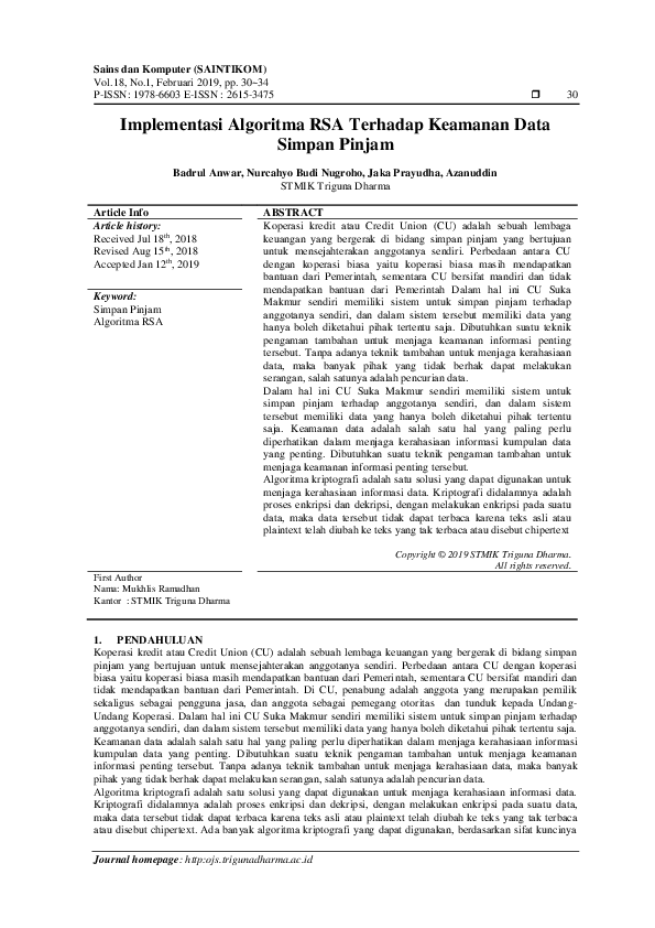 (PDF) Implementasi Algoritma RSA Terhadap Keamanan Data Simpan Pinjam