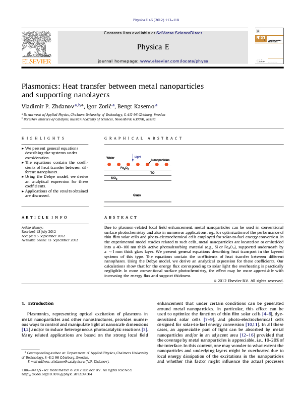 (PDF) Plasmonics: Heat transfer between metal nanoparticles and supporting nanolayers
