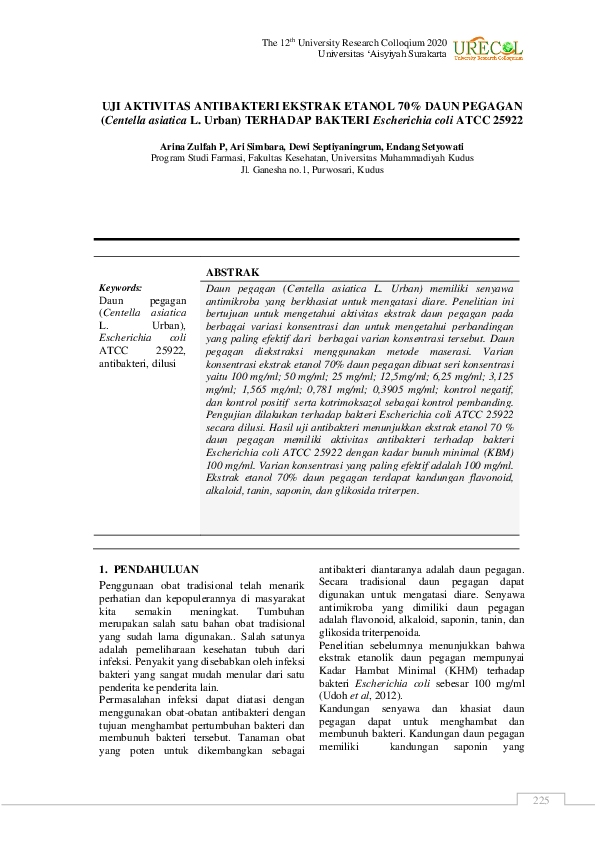 (PDF) UJI AKTIVITAS ANTIBAKTERI EKSTRAK ETANOL 70% DAUN PEGAGAN (Centella asiatica L. Urban ...