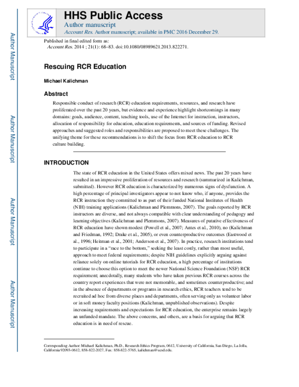 (PDF) Rescuing Responsible Conduct of Research (RCR) Education