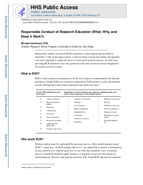 (PDF) Responsible Conduct of Research Education (What, Why, and Does It ...