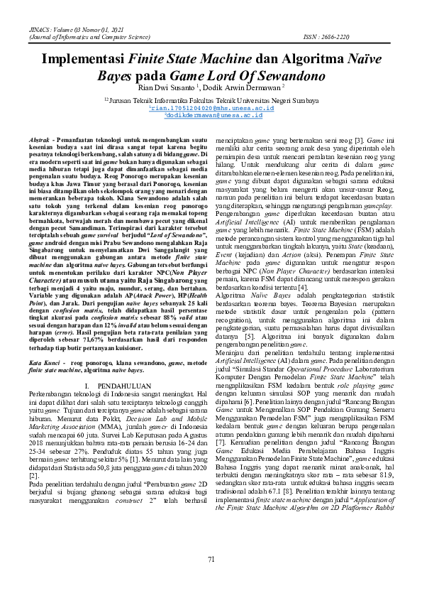 (PDF) Implementasi Finite State Machine dan Algoritma Naïve Bayes pada Game Lord Of Sewandono