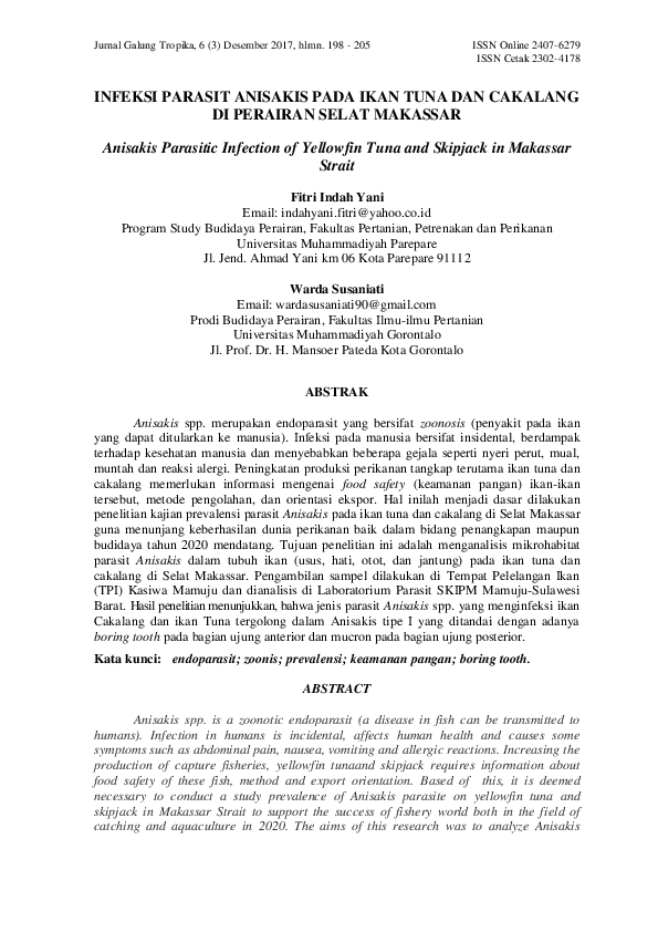 (PDF) Infeksi Parasit Anisakis Pada Ikan Tuna Dan Cakalang DI Perairan ...