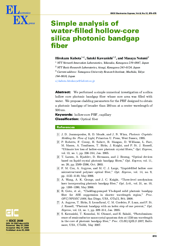 (PDF) Simple analysis of water-filled hollow-core silica photonic bandgap fiber