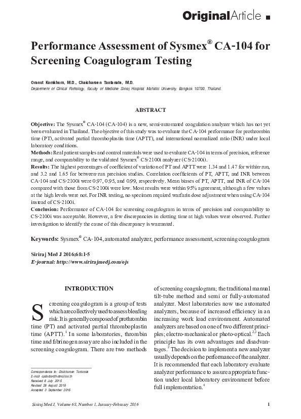 (PDF) Performance Assessment of Sysmex® CA-104 for Screening ...